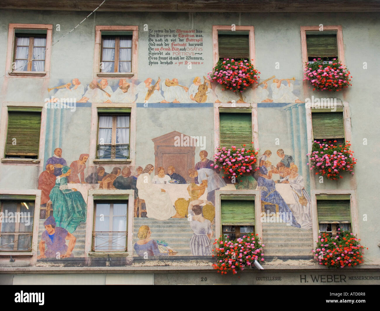 Wedding feast at Cana mural on building facade in Weinmarkt Square ...