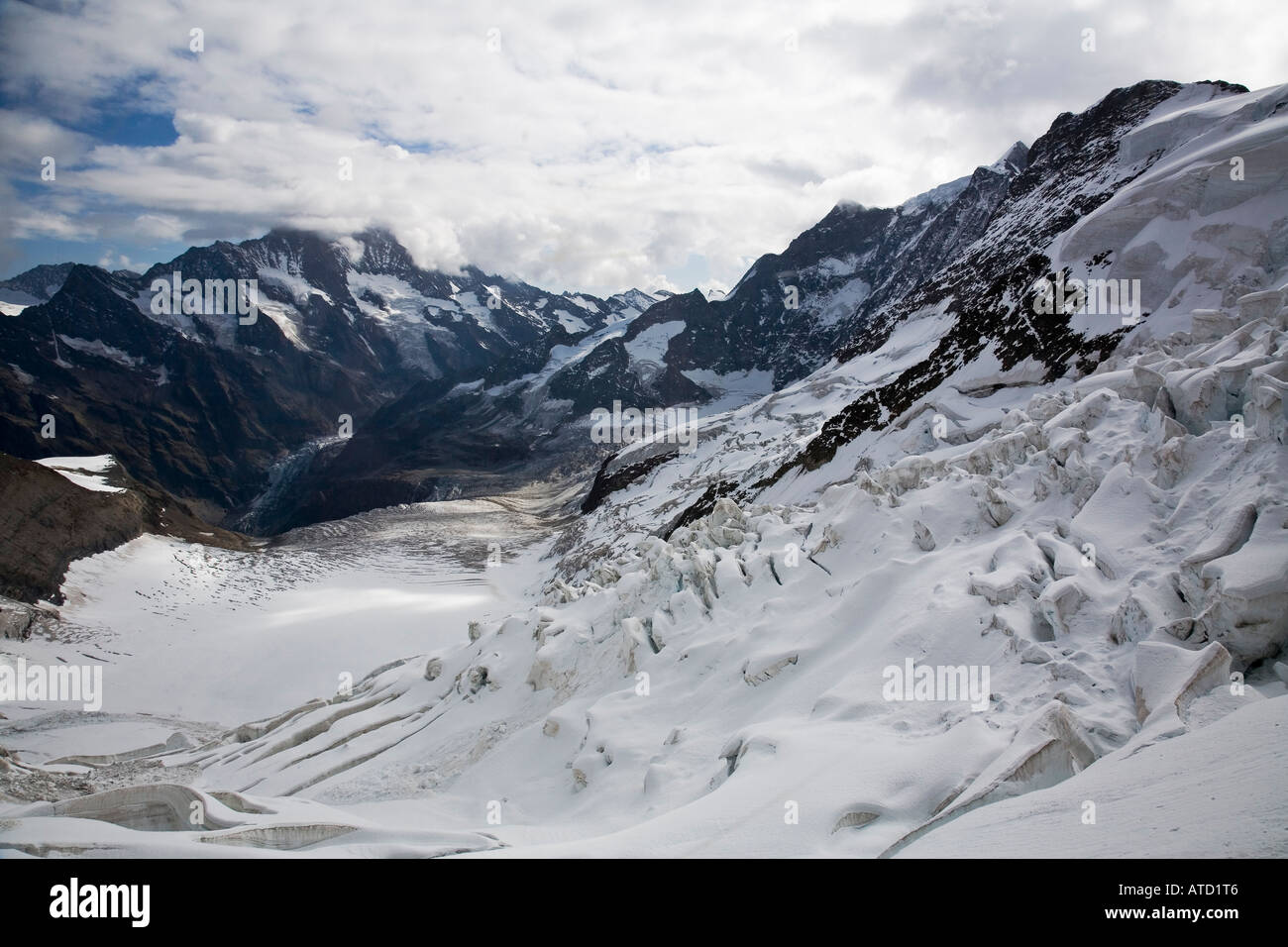 View of Alps and glaciers from viewing window inside the Eiger on train ...