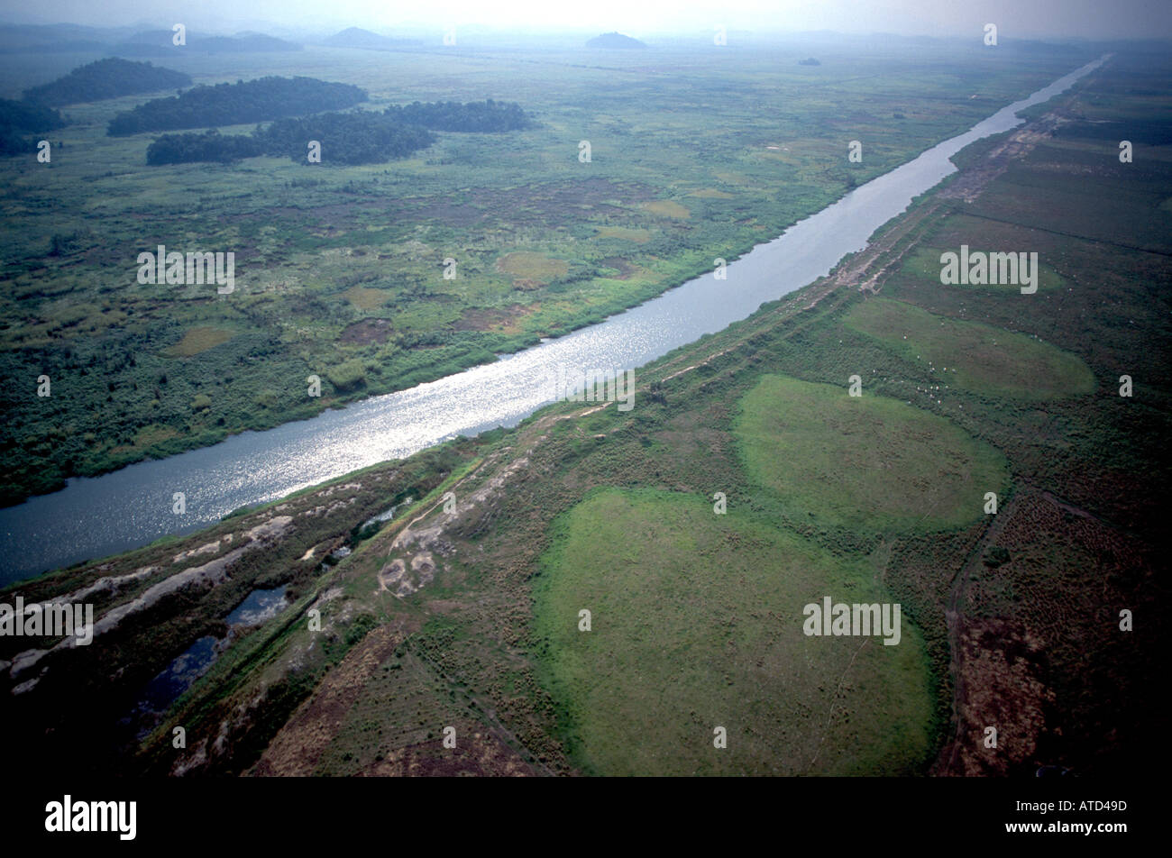 An aerial view of a straightened section of river that used to run ...