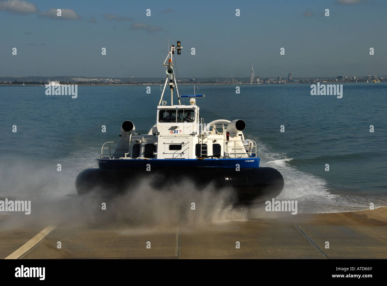 A hovercraft arrives at Ryde Hovercraft terminal on the lsle of Wight ...