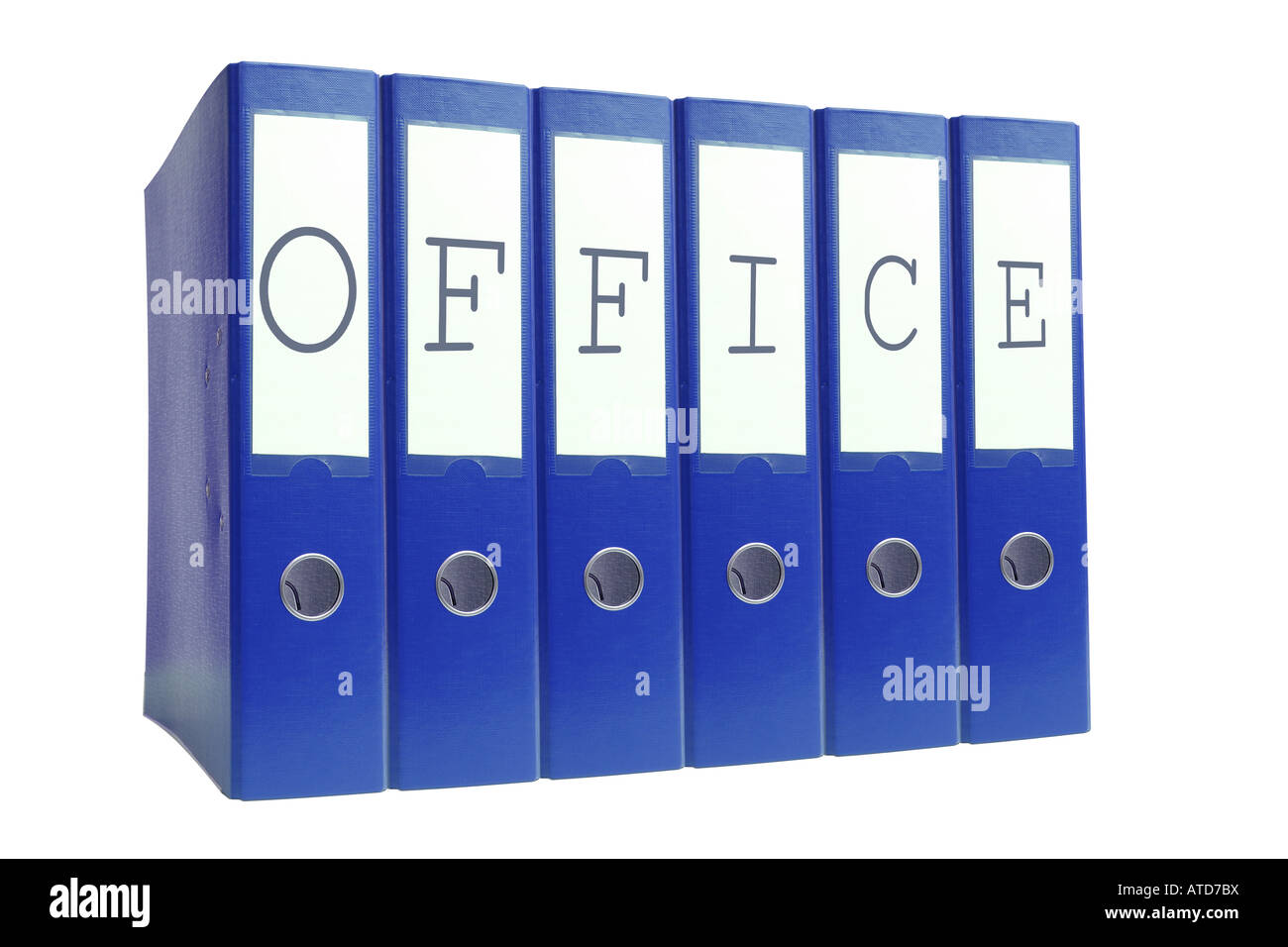 Row of blue ring binders spelling Office word isolated on white ...