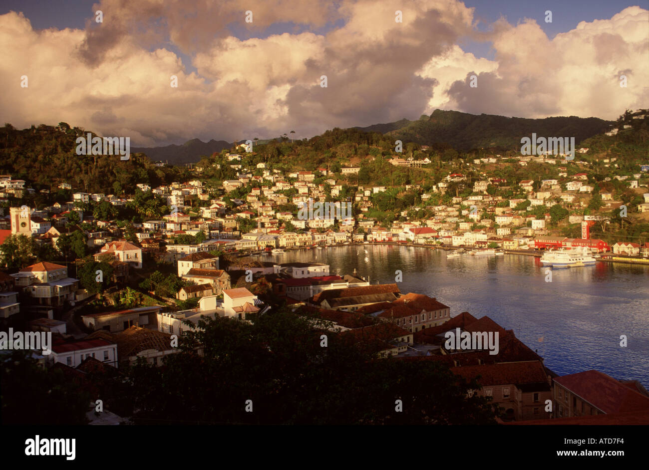 Aerial view of the harbor city of St Georges on the Caribbean island of ...