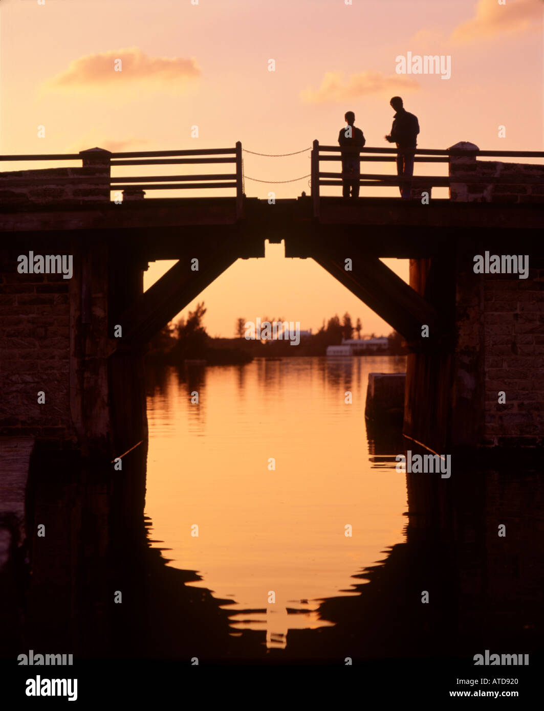 Sunset silhouette of people on the worlds smallest drawbridge ...