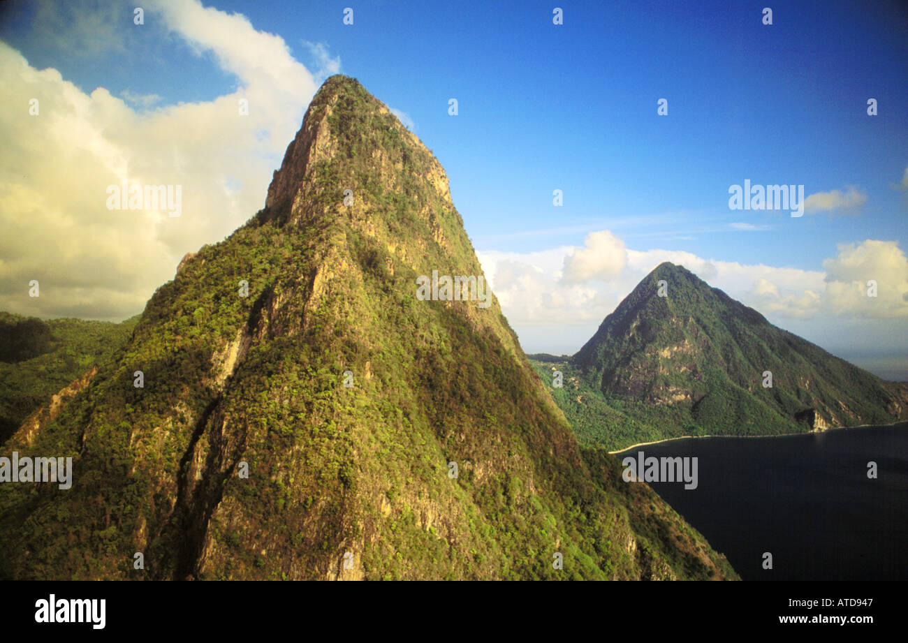 Aerial The Pitons rise above the Caribbean island of St Lucia with ...