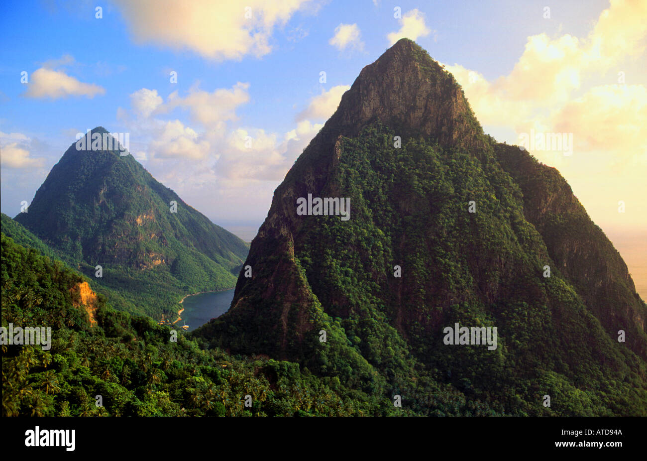 The Pitons rise above the Caribbean island of St Lucia with their lush ...