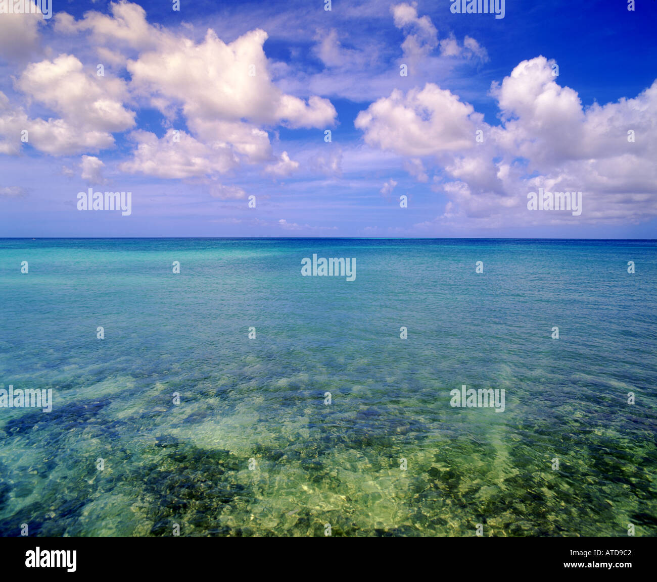 The turquoise sea off the Caribbean island of Aruba meets a crisp blue ...