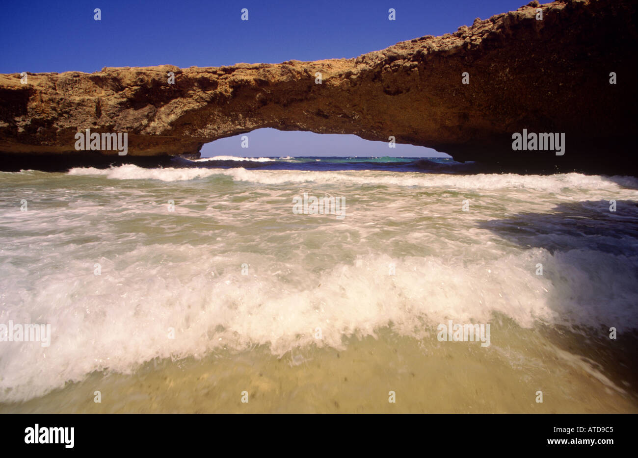 Natural arch or bridge on the Caribbean island of Aruba with waves ...