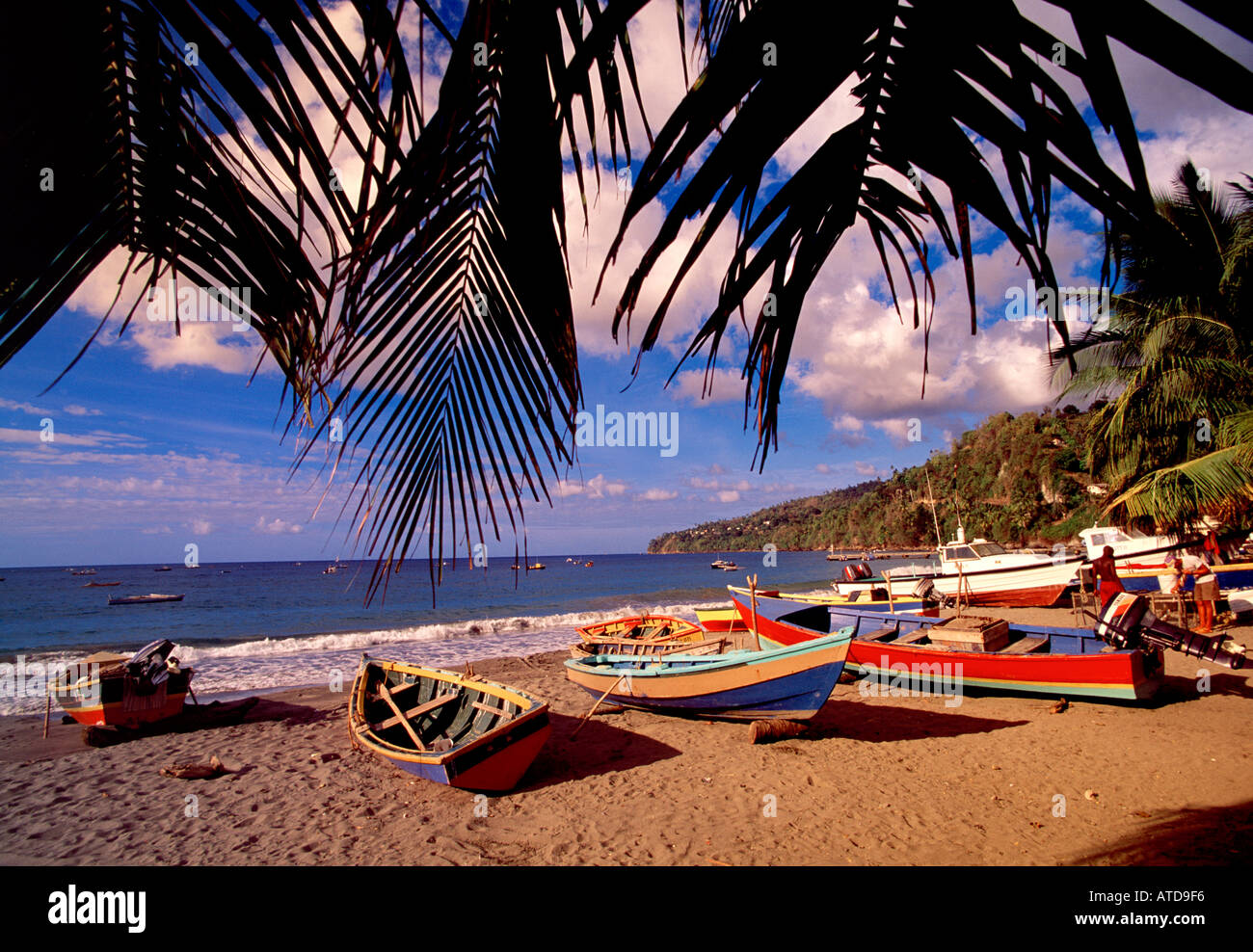 Colorful boats on a tropical beache of the Caribbean island of Grenada ...