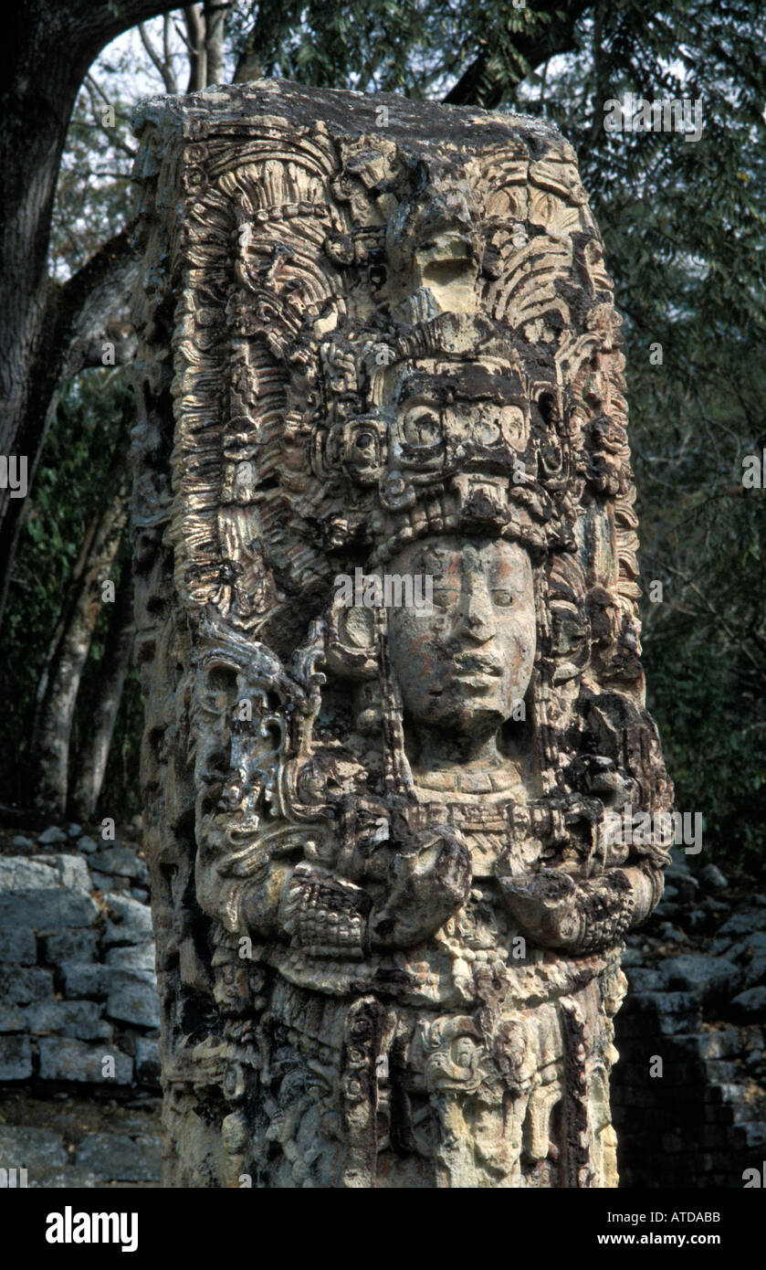 Stone carved stela megalith depicting ancient Maya King Smoke 18 Rabbit ...