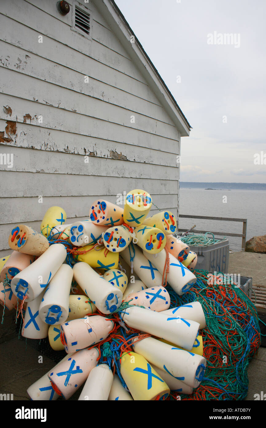 pile of buoys at Jordan Bay, Lighthouse Route, Nova Scotia, Canada ...