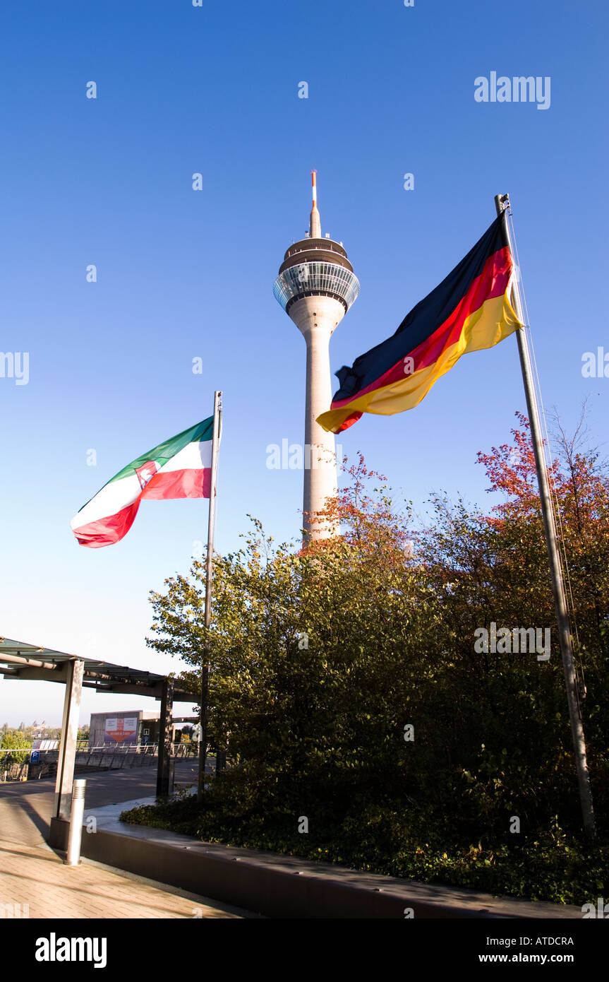 Telecommunications-tower with flags, Duesseldorf, North Rhine ...