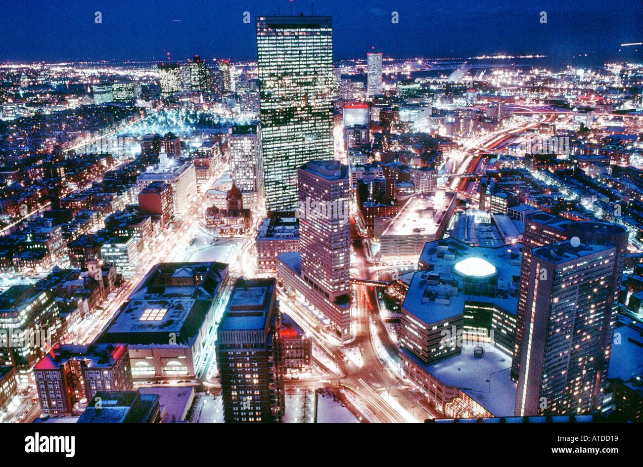 BOSTON MASSACHUSETTS, USA, Aerial Overview Downtown Area Lights at ...