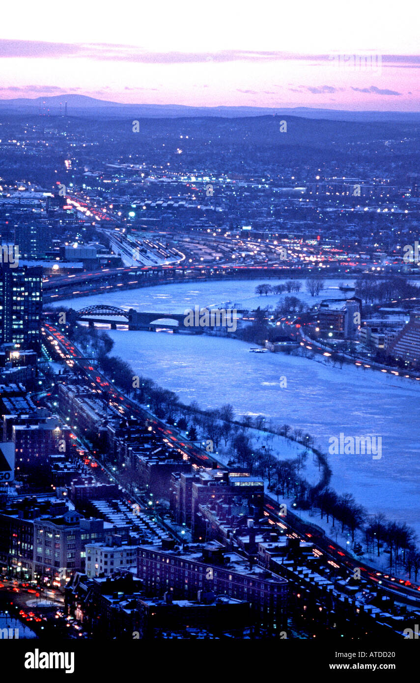 BOSTON Massachusettes, USA , Aerial Overview at Dusk with "Charles ...