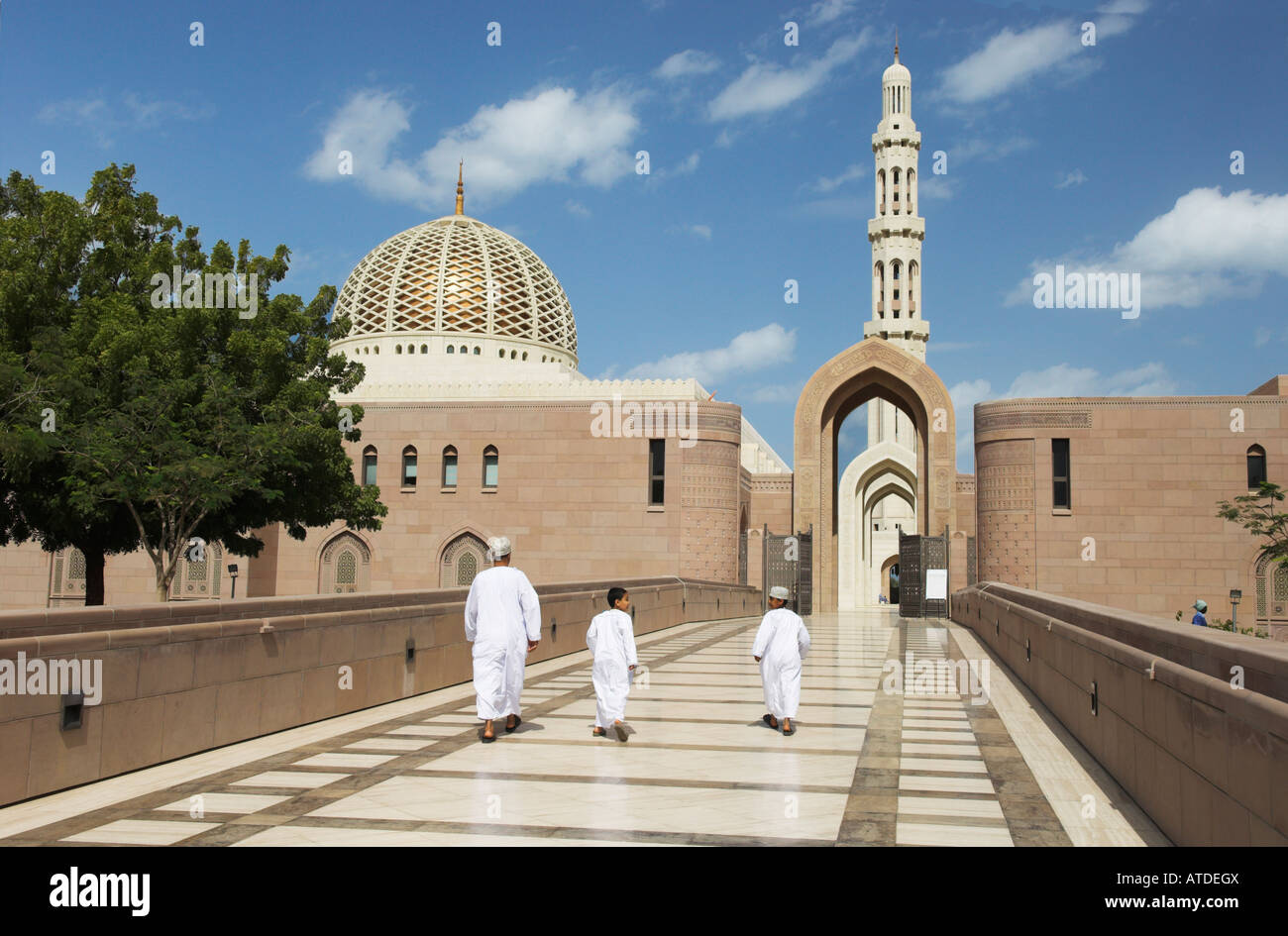 Archways main minaret and entrance to Sultan Qaboos Grand Mosque Muscat ...