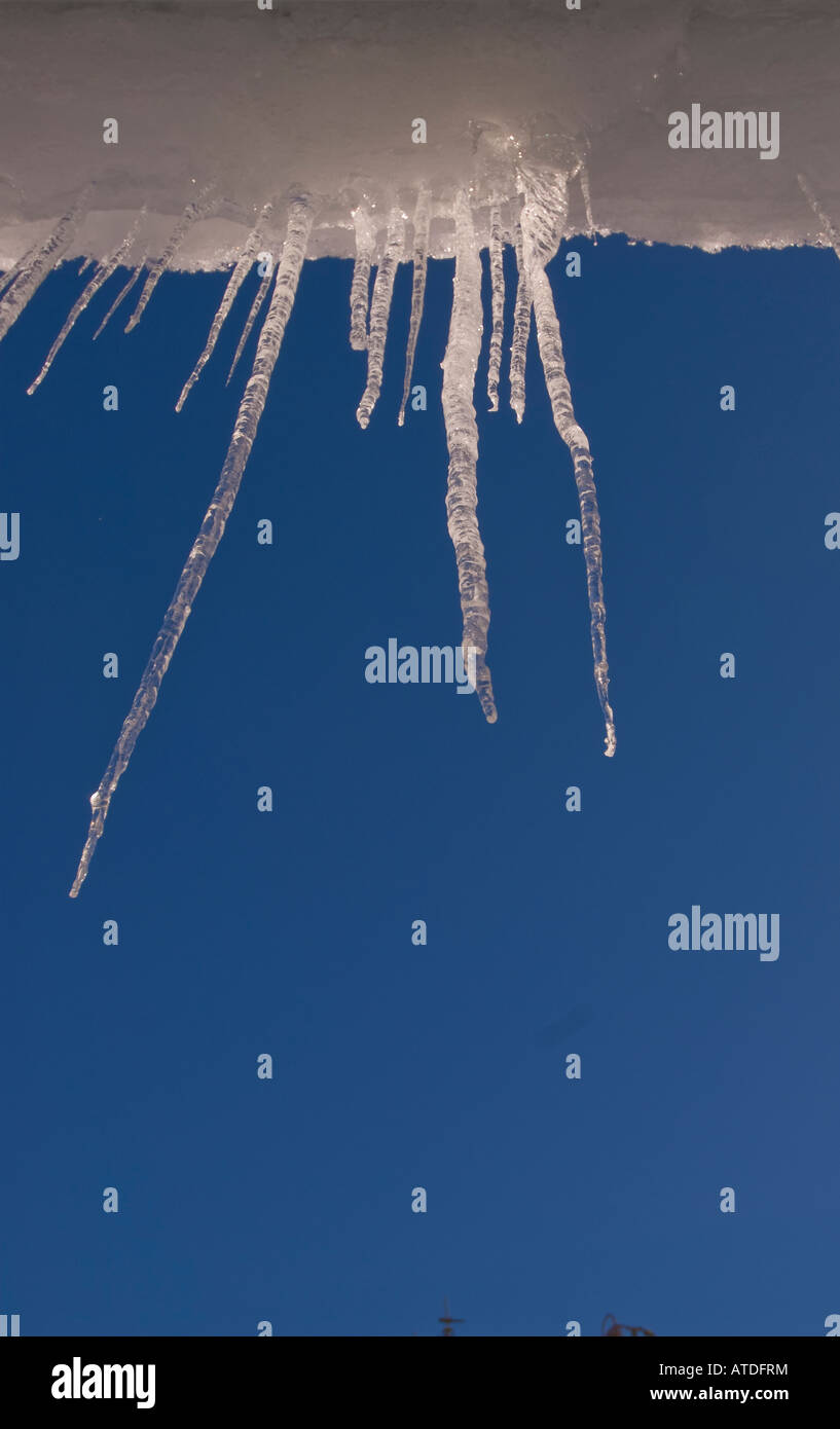 winter icicles frozen ice spikes hang from roof bright sparkling ...