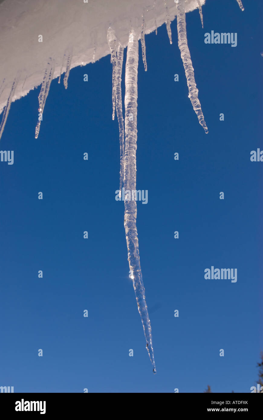 winter season icicles frozen ice spikes hang from roof bright sparkling ...