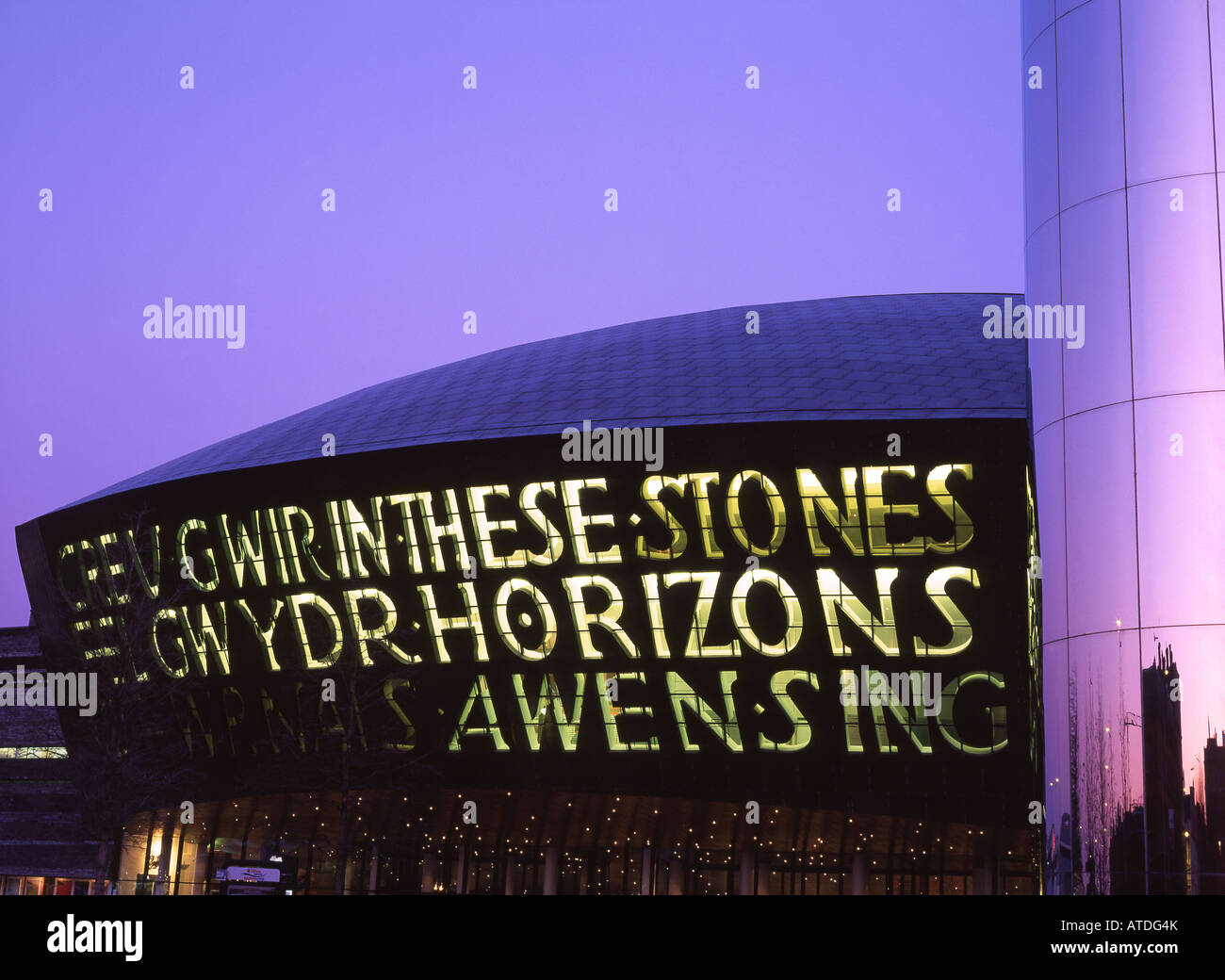 Wales Millennium Centre and Water tower at twilight / night Cardiff Bay ...