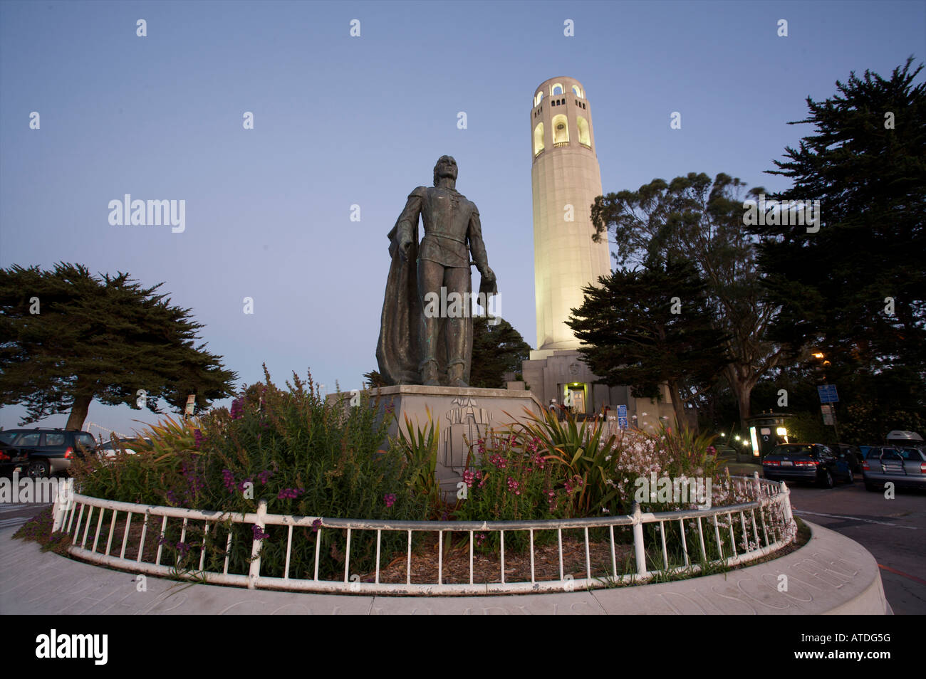 Coit Tower and Christopher Columbus Statue, San Francisco, California ...