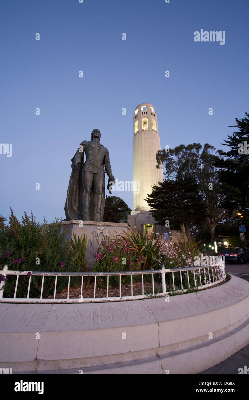 Coit Tower and Christopher Columbus Statue, San Francisco, California ...