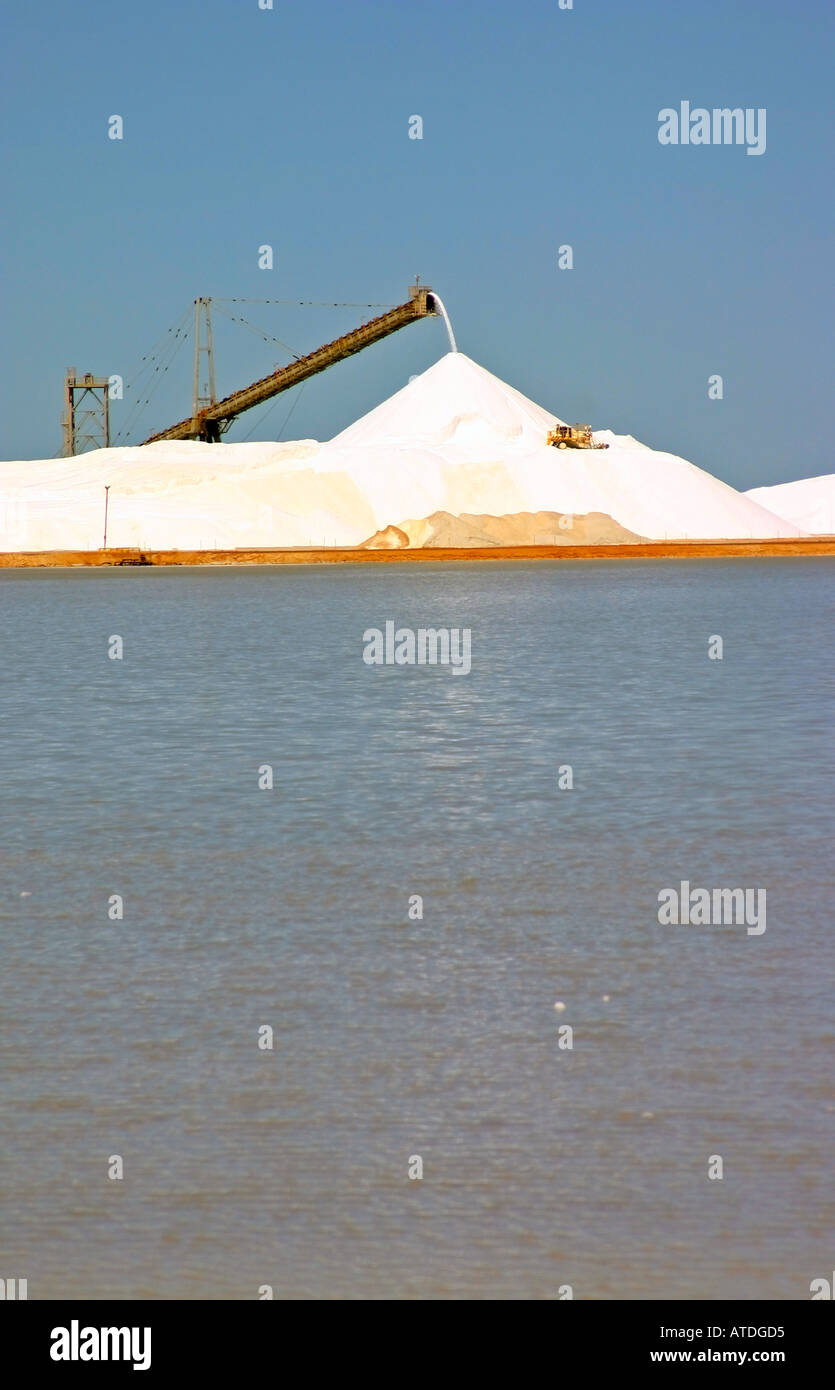 Bulldozer spreading salt around huge pile at salt works near Port ...
