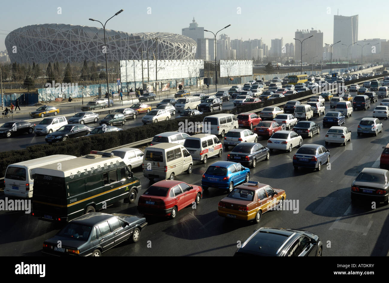 Morning rush hour traffic near 2008 Olympic Park in Beijing, China. 27 ...