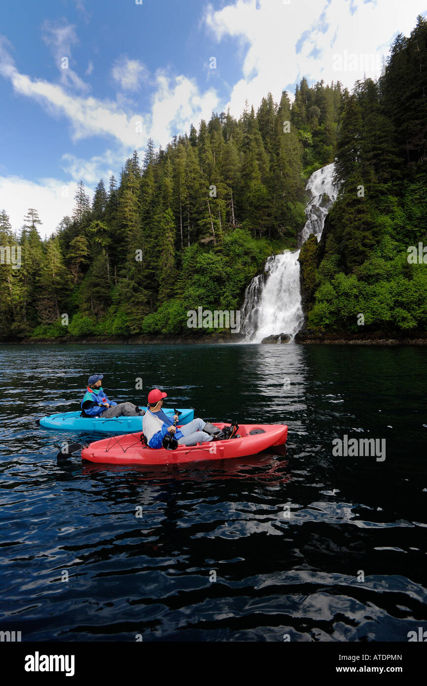 Sea kayaking near waterfall in Red Bluff Bay Baranof Island Alaska ...
