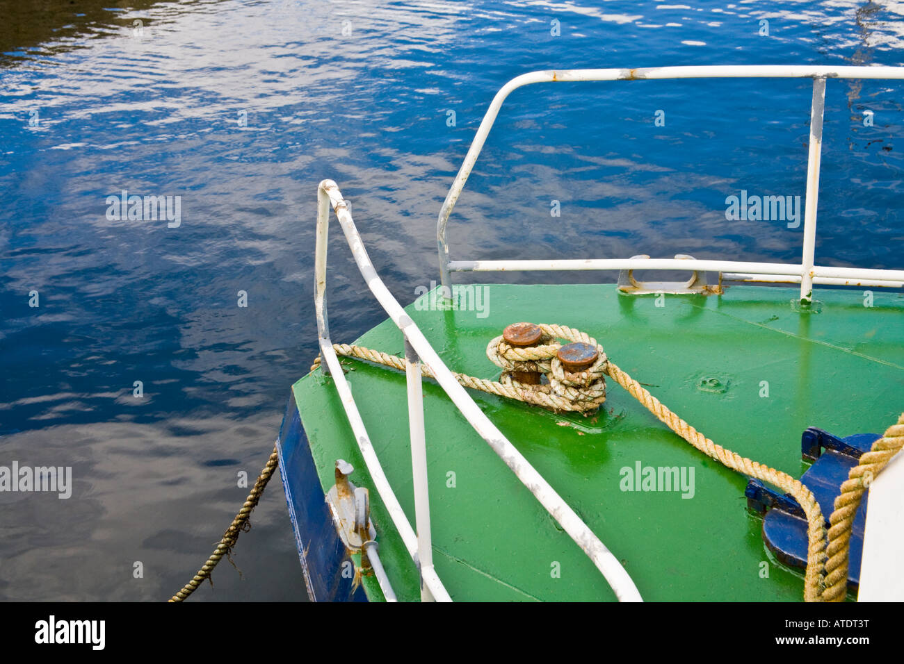 Mooring ropes secured on the bow of a fishing boat in Buckie Harbour ...