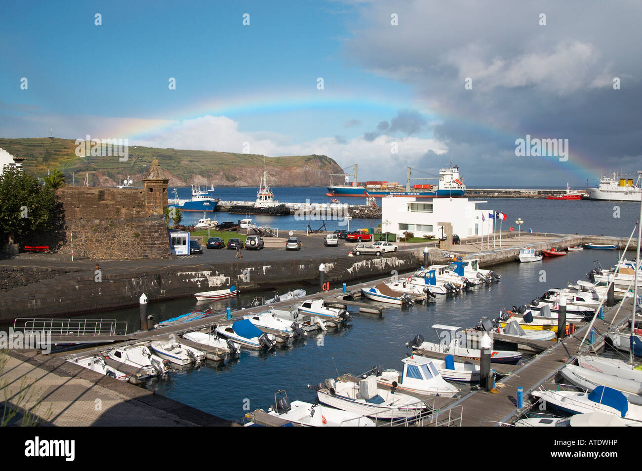 Rainbow over Horta marina on Faial island in The Azores Stock Photo - Alamy