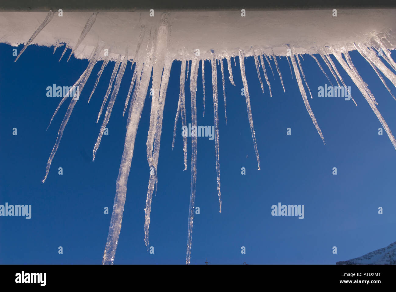 winter icicles frozen ice spikes hang from roof bright sparkling ...