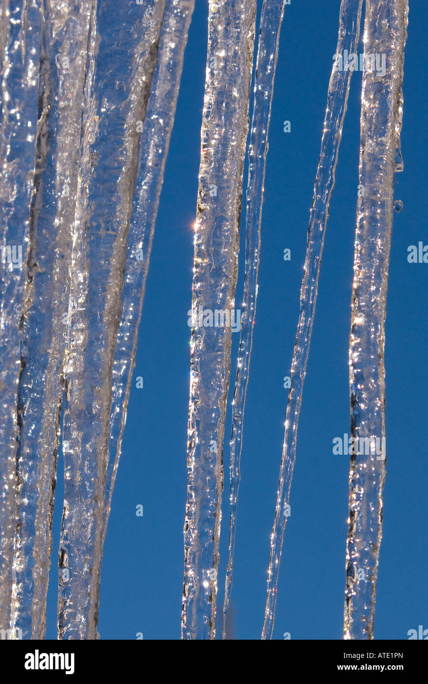 Winter Icicles hanging with blue sky background Stock Photo - Alamy