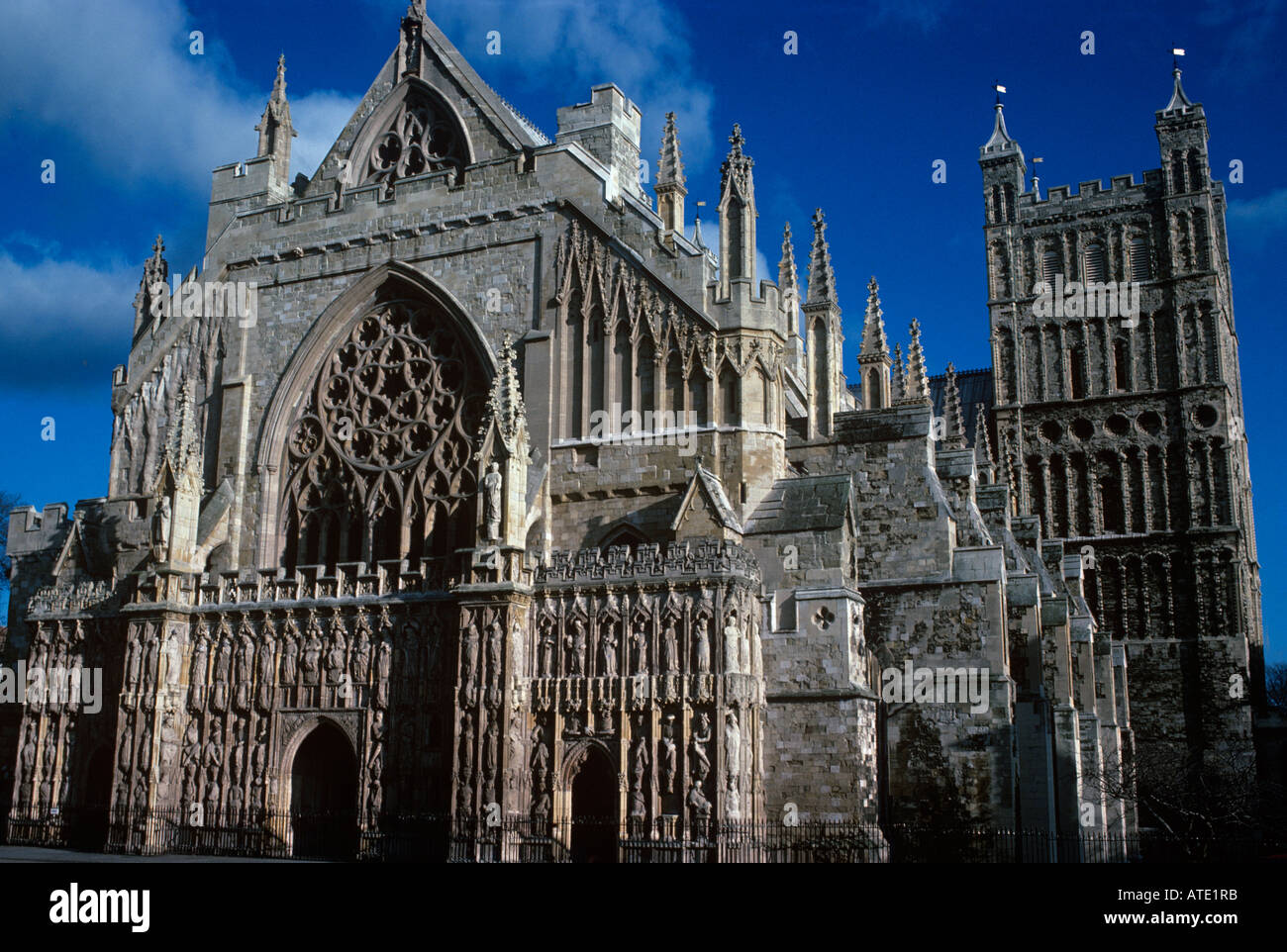 LANDSCAPE OF WEST FRONT OF EXETER CATHEDRAL UNDER A BLUE SKY EXETER ...
