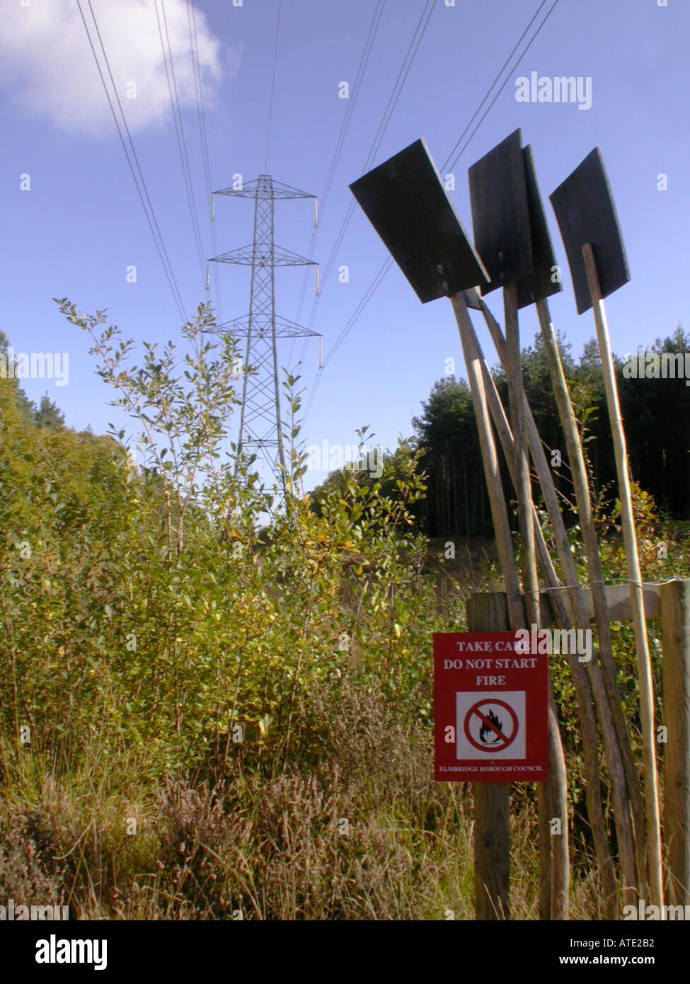 fire beaters under electricity pylons in clearing in wood at Esher ...