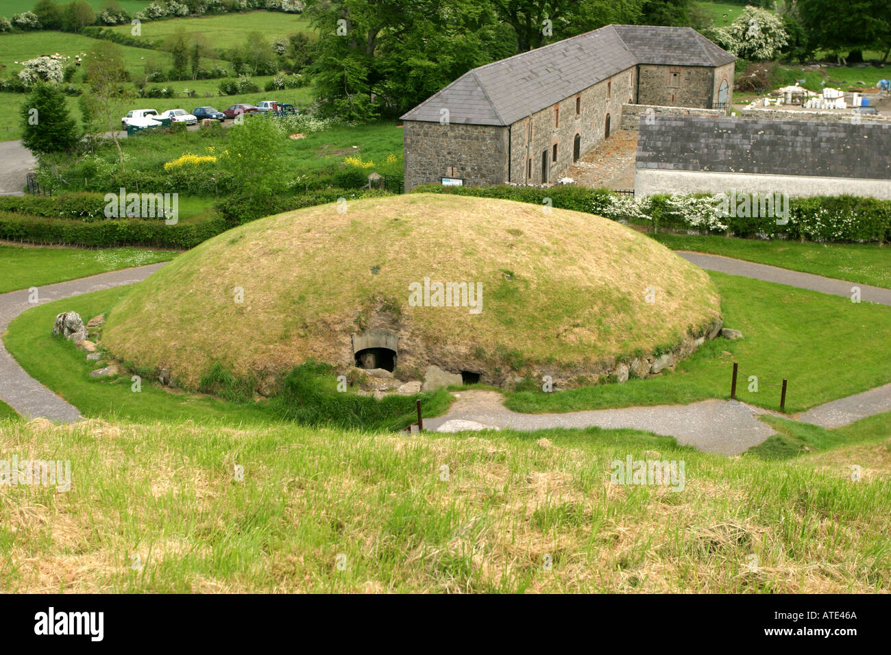 View of a satellite tomb from the top of the great mound at Knowth in ...