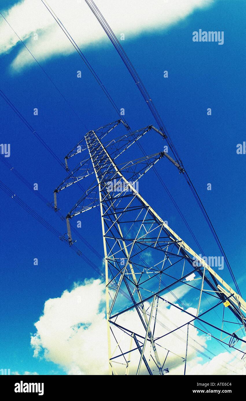 pylon pylons electricity electric danger high voltage sky blue fields ...