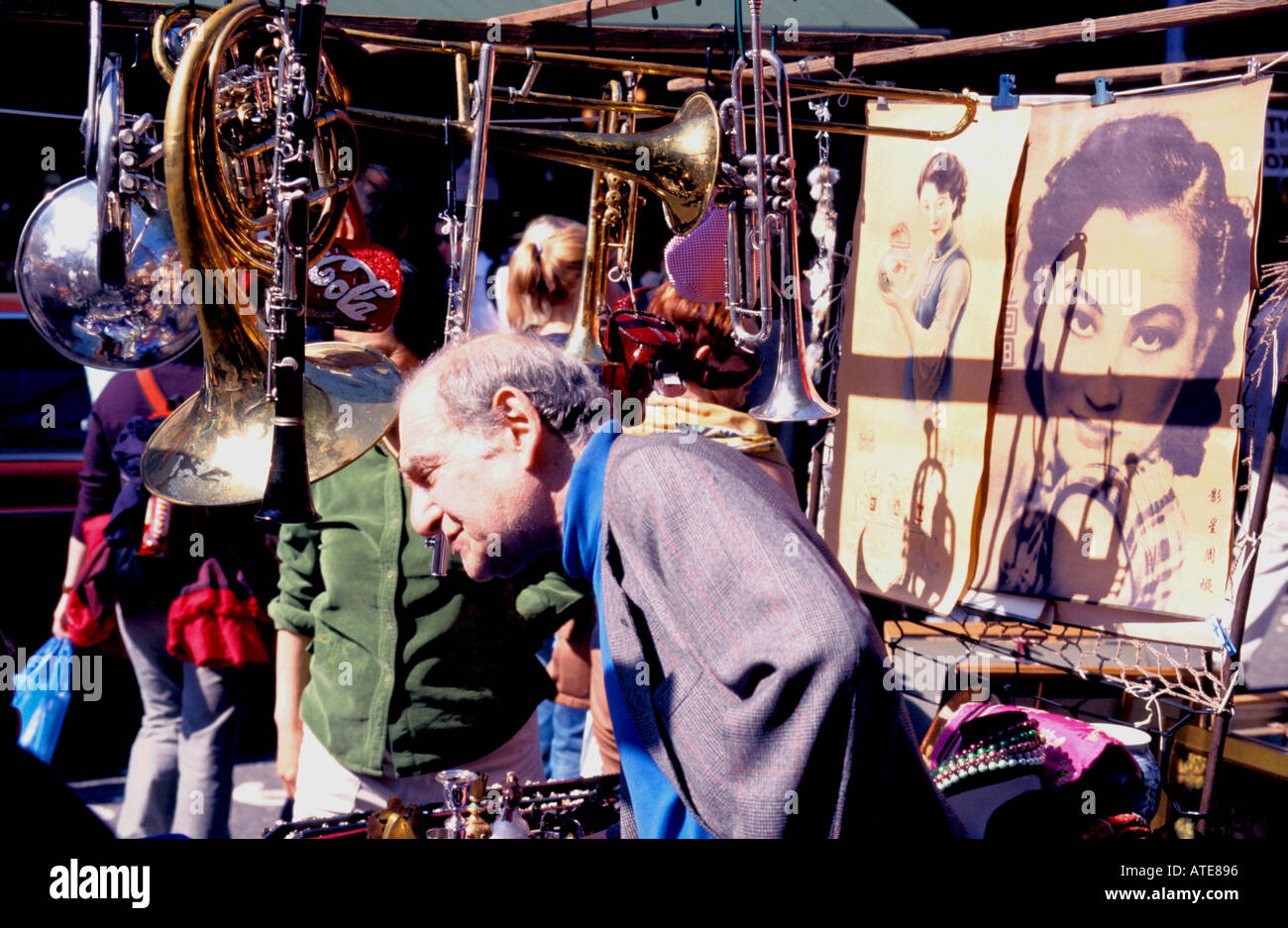 Stall selling old musical instruments in London Portobello Road street ...