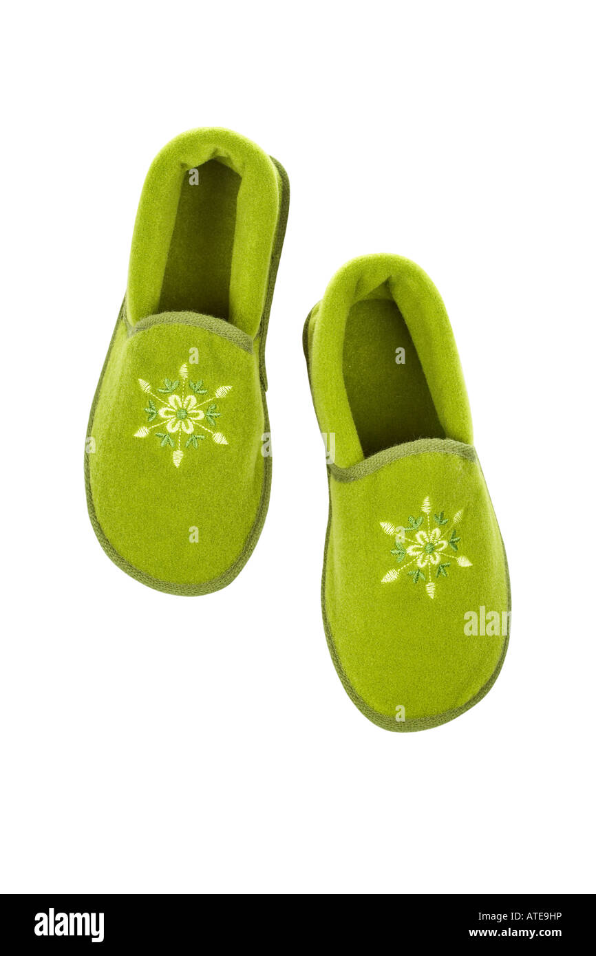 Lady green slippers isolated on white background Path included Stock ...
