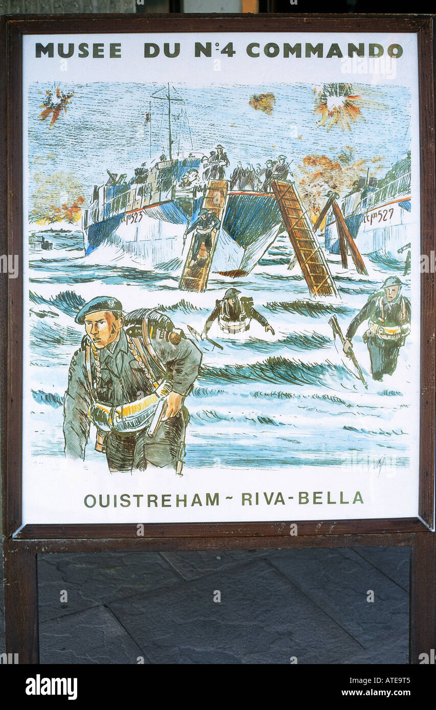 A sign for the commando museum depicts the Normandy landings in Riva ...