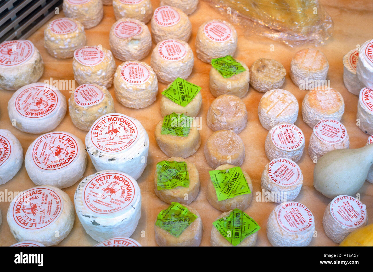 A display of various chevre goats milk cheese Stock Photo - Alamy