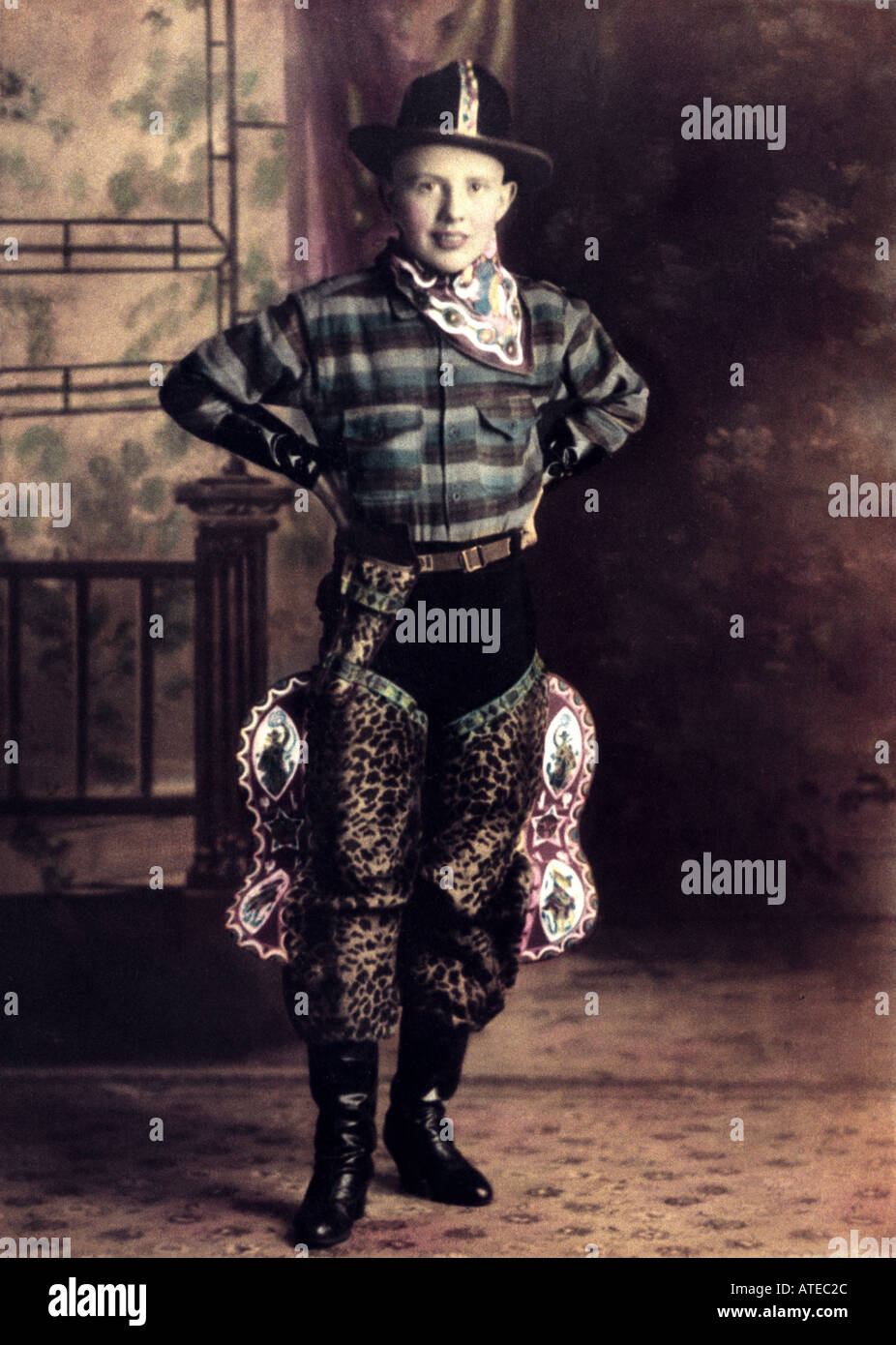 Boy in Cowboy Suit Fort Waynre Indiana circa 1920 Hand colored Stock ...