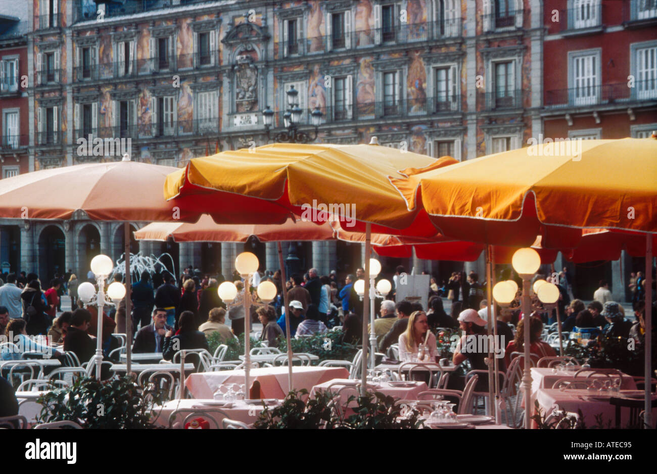 Sun shades outside restaurant at dusk Plaza Mayor Madrid Spain Stock ...