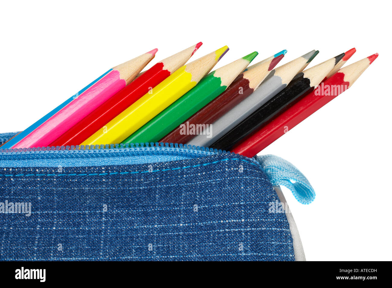A blue pencil case over a white background Stock Photo - Alamy