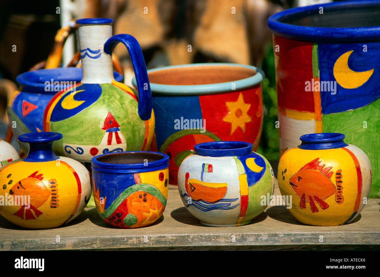 Traditionally made pottery on sale in a craft shop in Monchique Stock ...