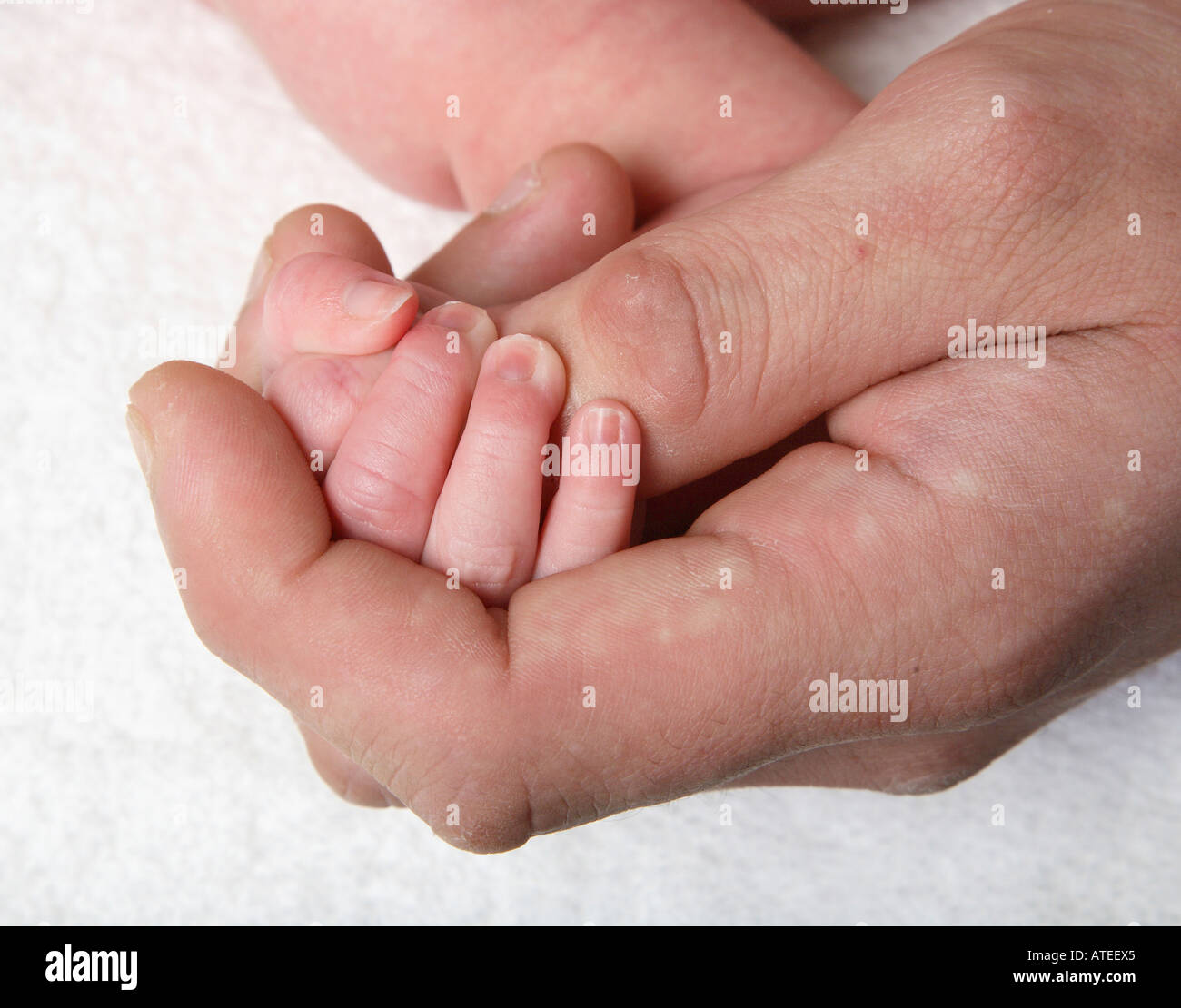 Baby clutching father's thumb Stock Photo - Alamy