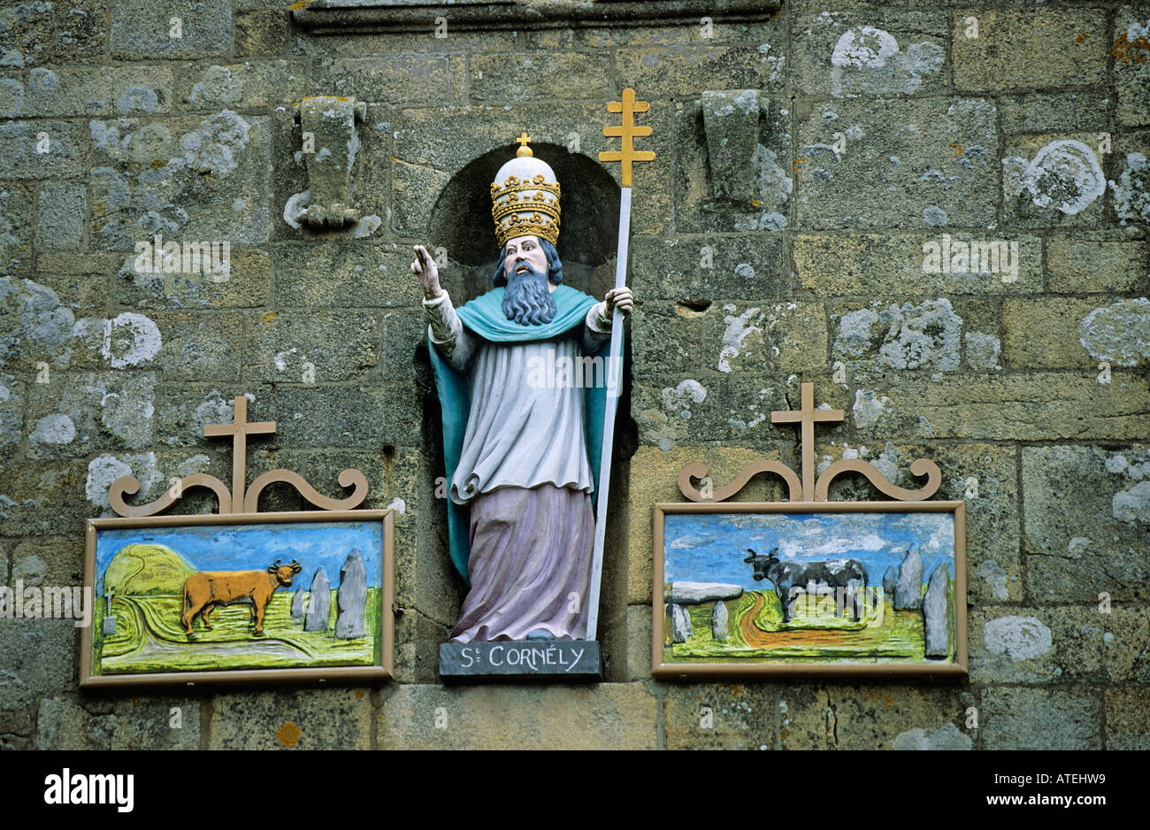 A view of a colourful statue of Saint Cornely which is embedded on the ...