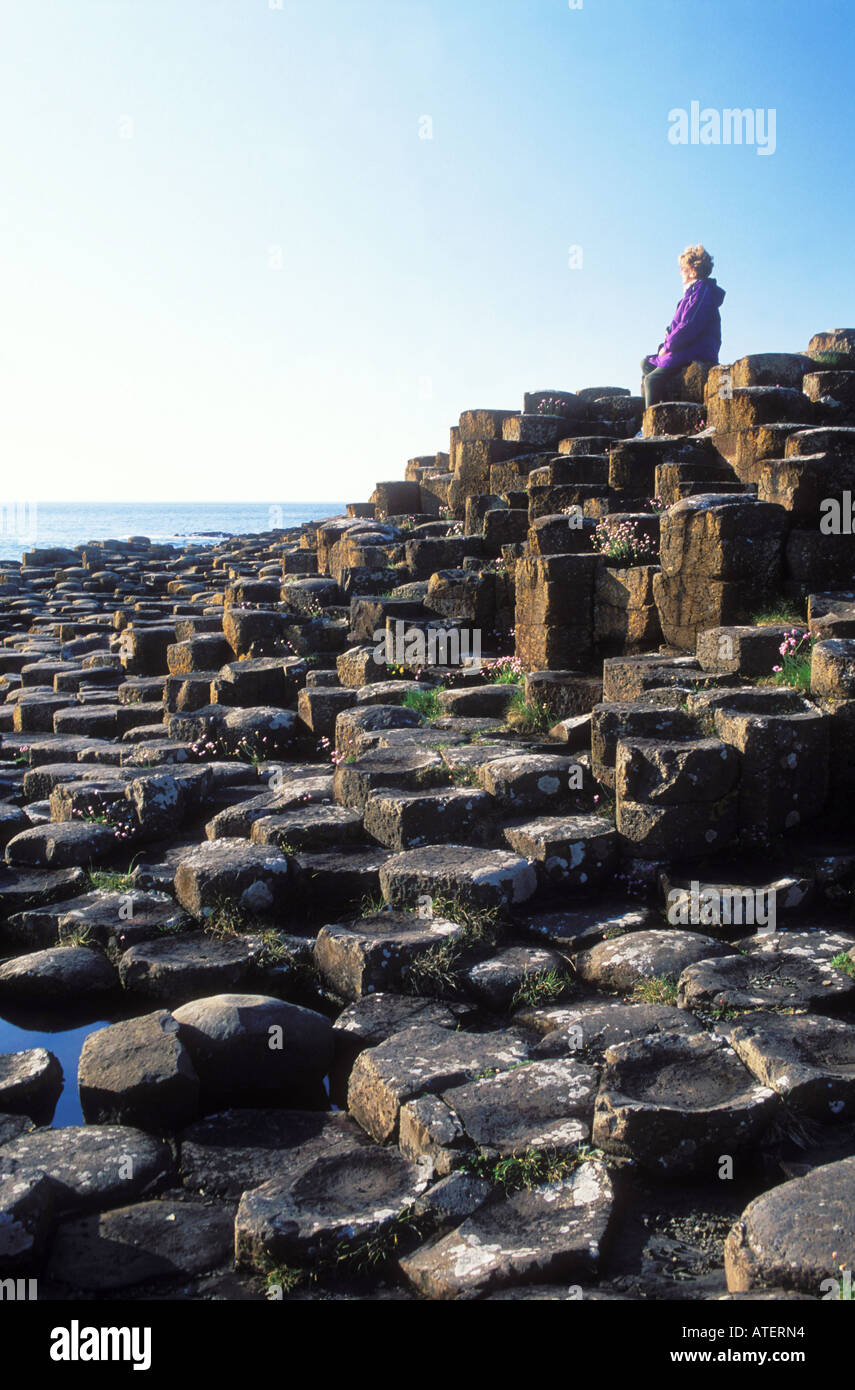 A woman sits on top of one of the many hexagonal shaped columns that ...