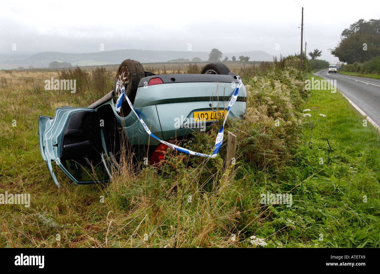 Ford Focus saloon car upside down in field on A449 road Herefordshire ...