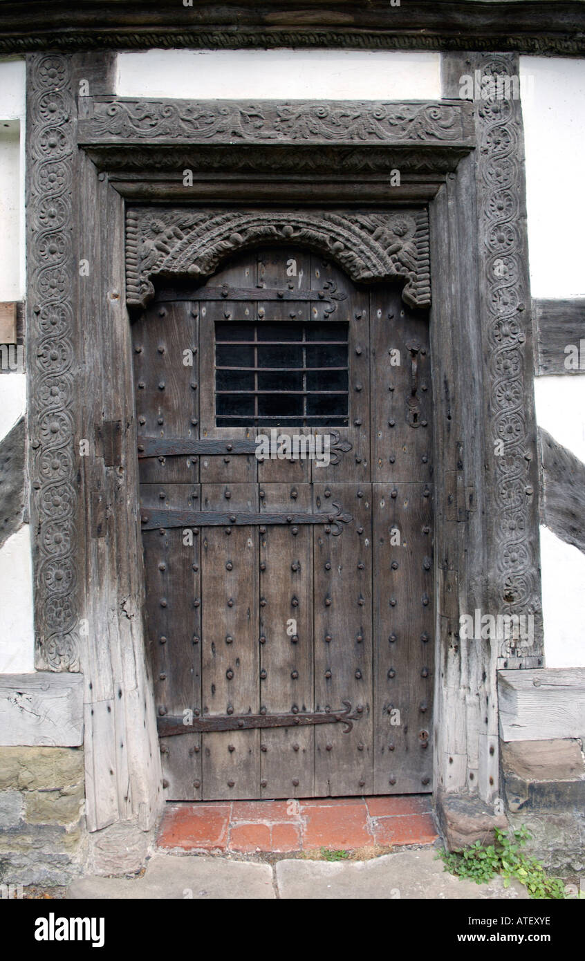 Tudor door on historic timber framed house in Ludlow Shropshire England ...