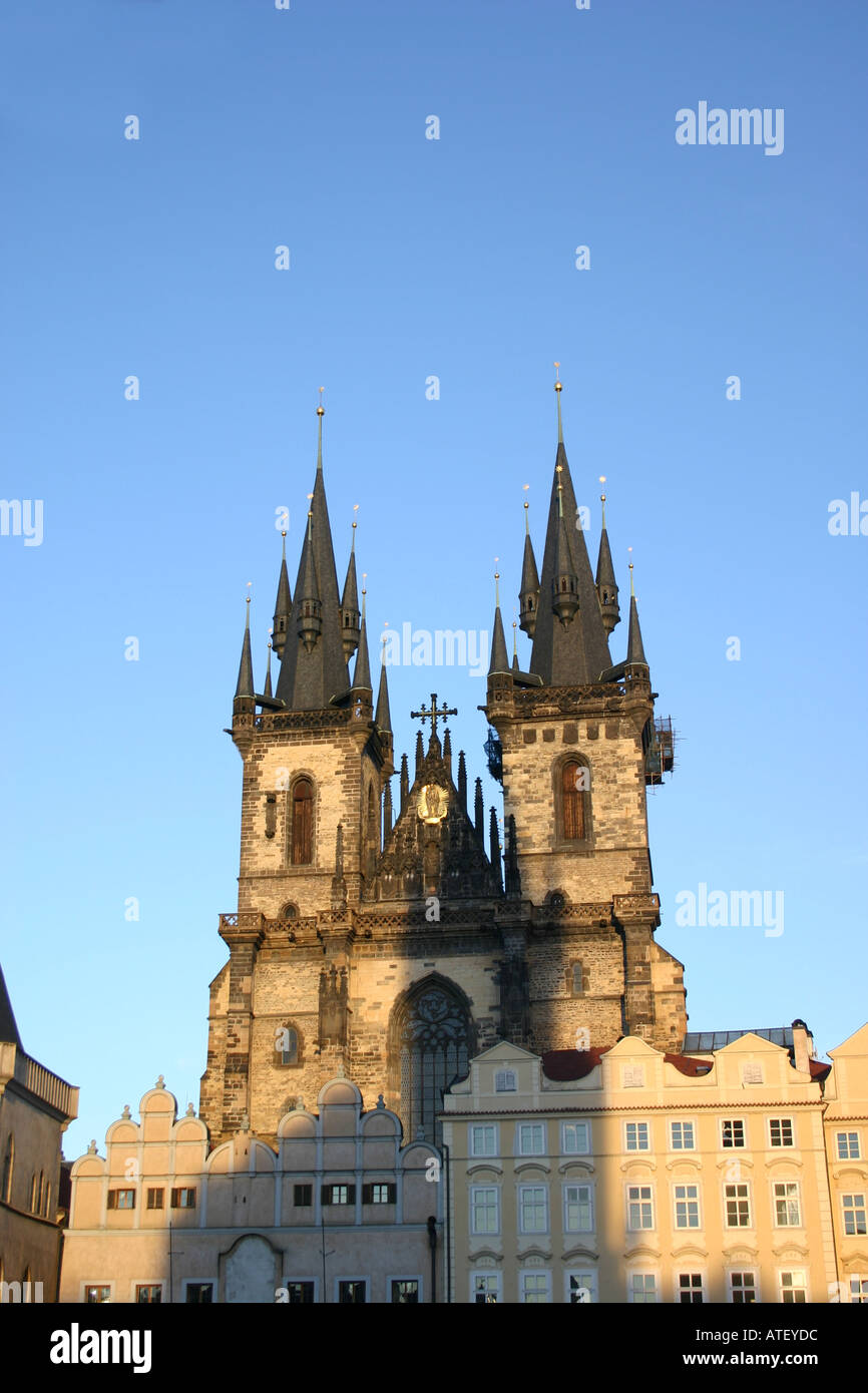 Evening sunlight on colourful buildings at at Old Town Square in Prague ...