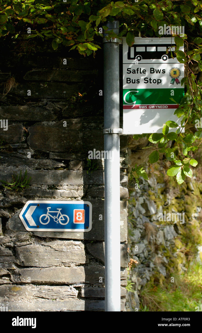 Rural Bus Stop near Corris Gwynedd Wales UK with cycle route sign on ...