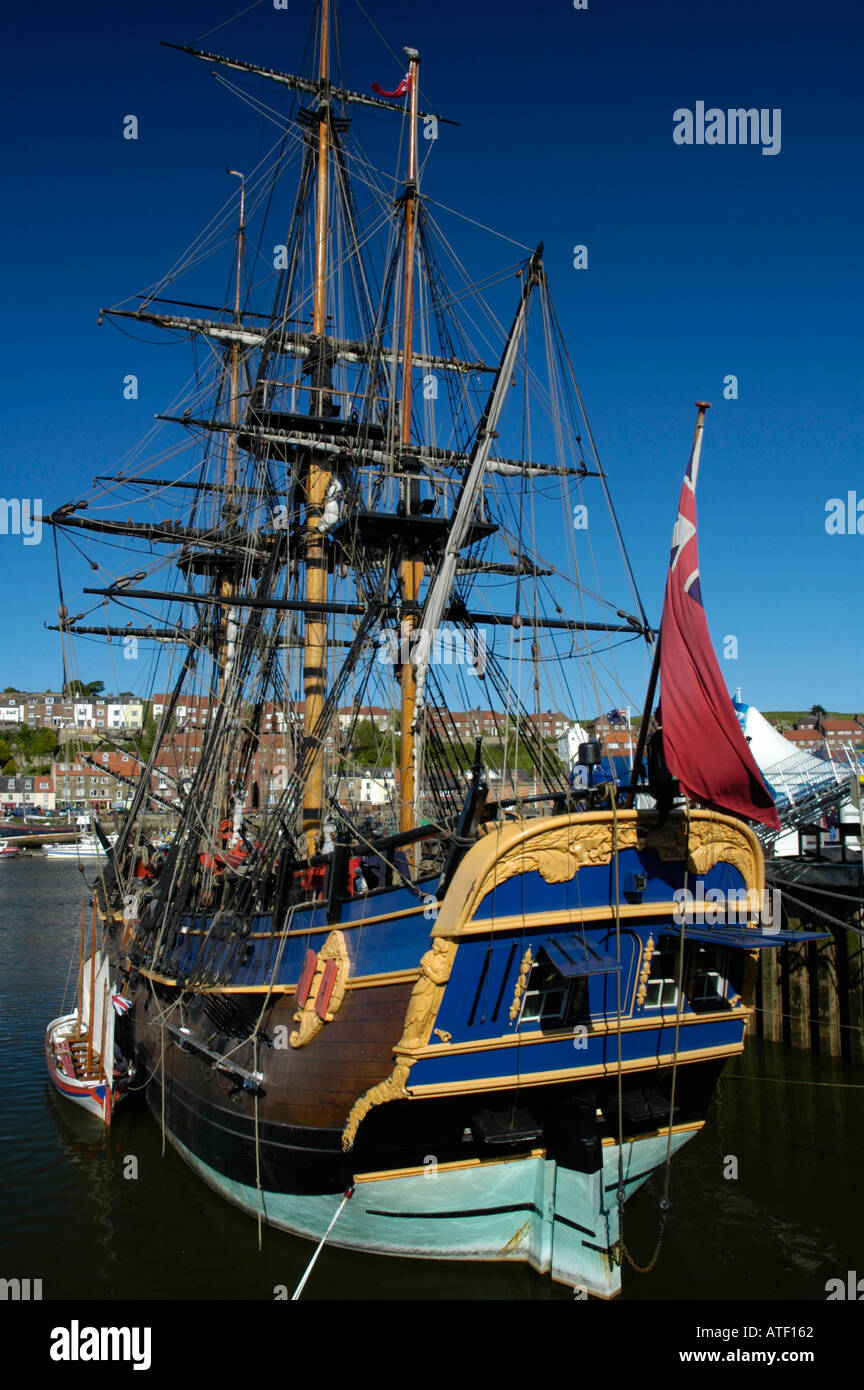 HMS Bark Endeavour in the harbour at Whitby North Yorkshire England ...
